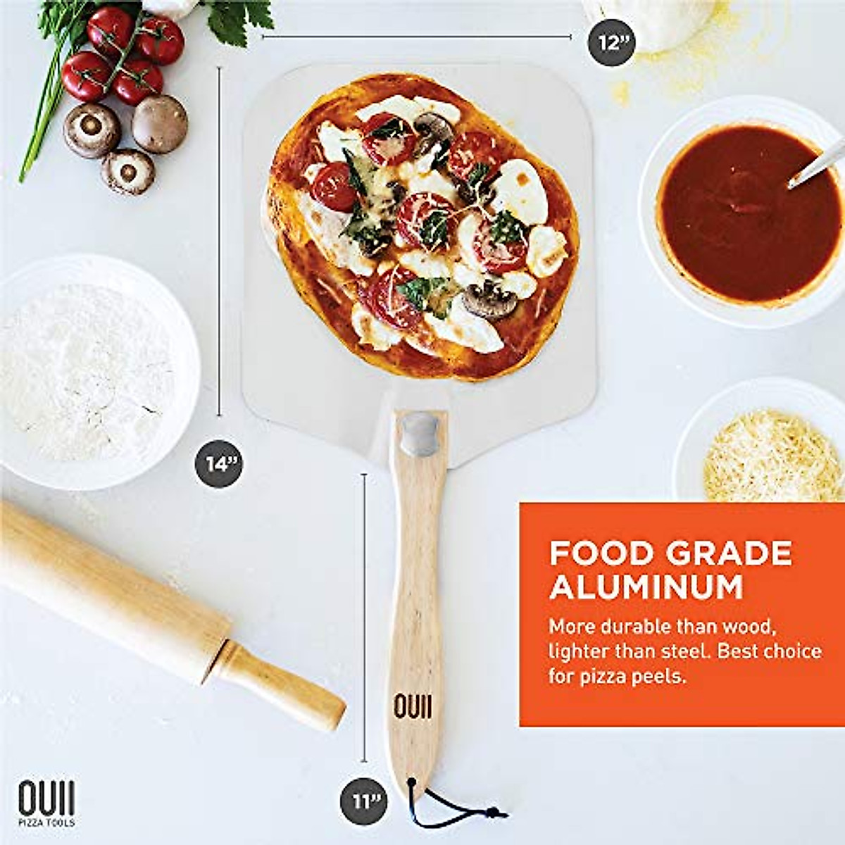 OUII Aluminum Pizza Peel Metal - 12 x 14 Inch. Pizza Spatula for Oven with Foldable Wood Handle. Pizza Oven Accessories and Pizza Tools. Pizza Turning Peel, Bread Peel, Pastry, Dough, Cake Spatula