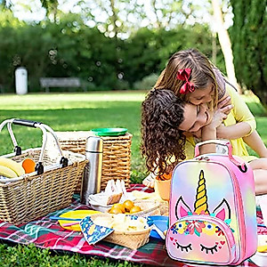 BTOOP Lunch Box Kids for Girls Insulated Lunch Bag Cute Reusable Toddler Thermal Meal Cooler Tote Bags with Removable Shoulder Strap for School Travel (Rainbow 1)