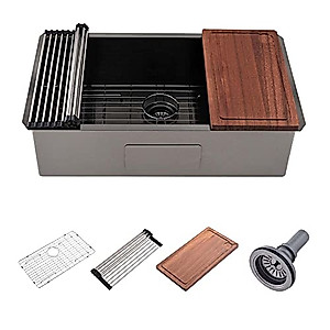 28 Inch Matte Black Kitchen Sink Undermount, Wesliv 28x19 Inch Undermount Matte Black Kitchen Sink 16 Gauge Deep Large Single Bowl Kitchen Sink with Cutting Board & Bottom Rinse Grid