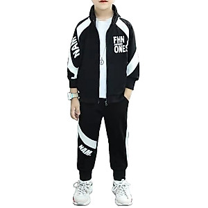 YEAHDOR Kids Boys 2 Piece Tracksuit Set Long Sleeve Hoodies Sweatshirt and Sweatpants Outfit Sport Athletic Activewear Black & white 7-8 Years