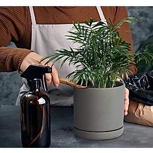 D'vine Dev 6 Inch Ceramic Planter Pot with Drainage Hole and Saucer, Indoor Cylinder Round Flower Pot, Grey, 94-O-C-3