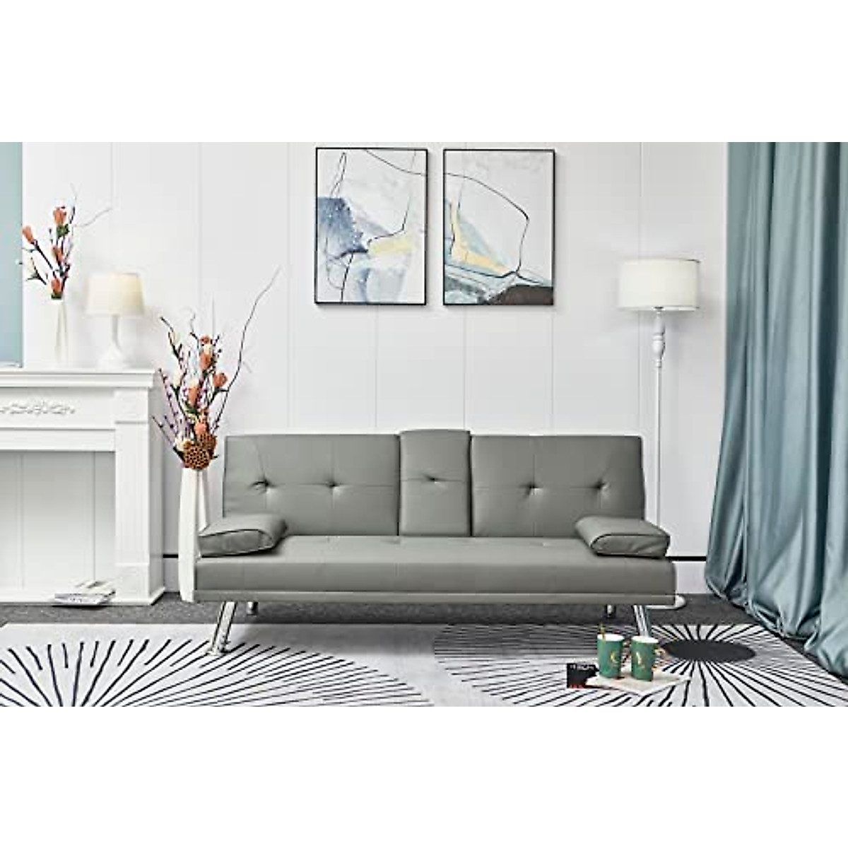 Morhome Leather Futon Bed Convertible Folding Couch for Living Room Sectional Sleeper Sofa for Small Space with Cup Holder and Removable Armrest Gray, Grey
