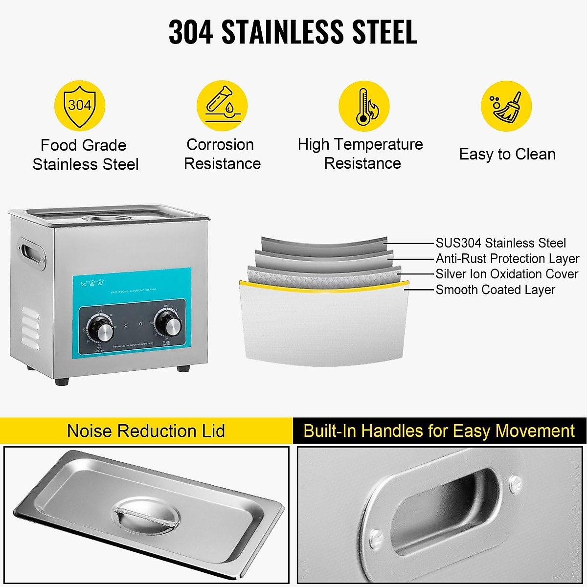 Ultrasonic Cleaner with Heater Timer Control, Lab Water Drain - Ideal for Solution Cleaning