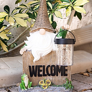 VP Home Welcome Gnome with Lantern and Frog Solar Powered LED Outdoor Decor Garden Light Welcome Gnomes Statues Outdoor Funny Figurine Decor for Outside Patio, Yard, Lawn