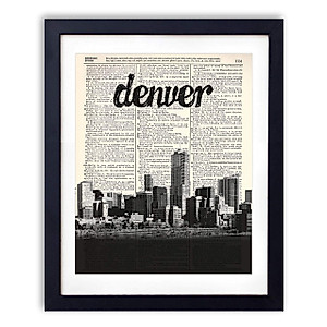 Denver Skyline With Name Vertical, Vintage Dictionary Art Print, Antique Wall Art Home Decor, Modern Boho Poster, Farmhouse Decoration Living Room Bedroom Office 8x10 Inches, Ready To Frame