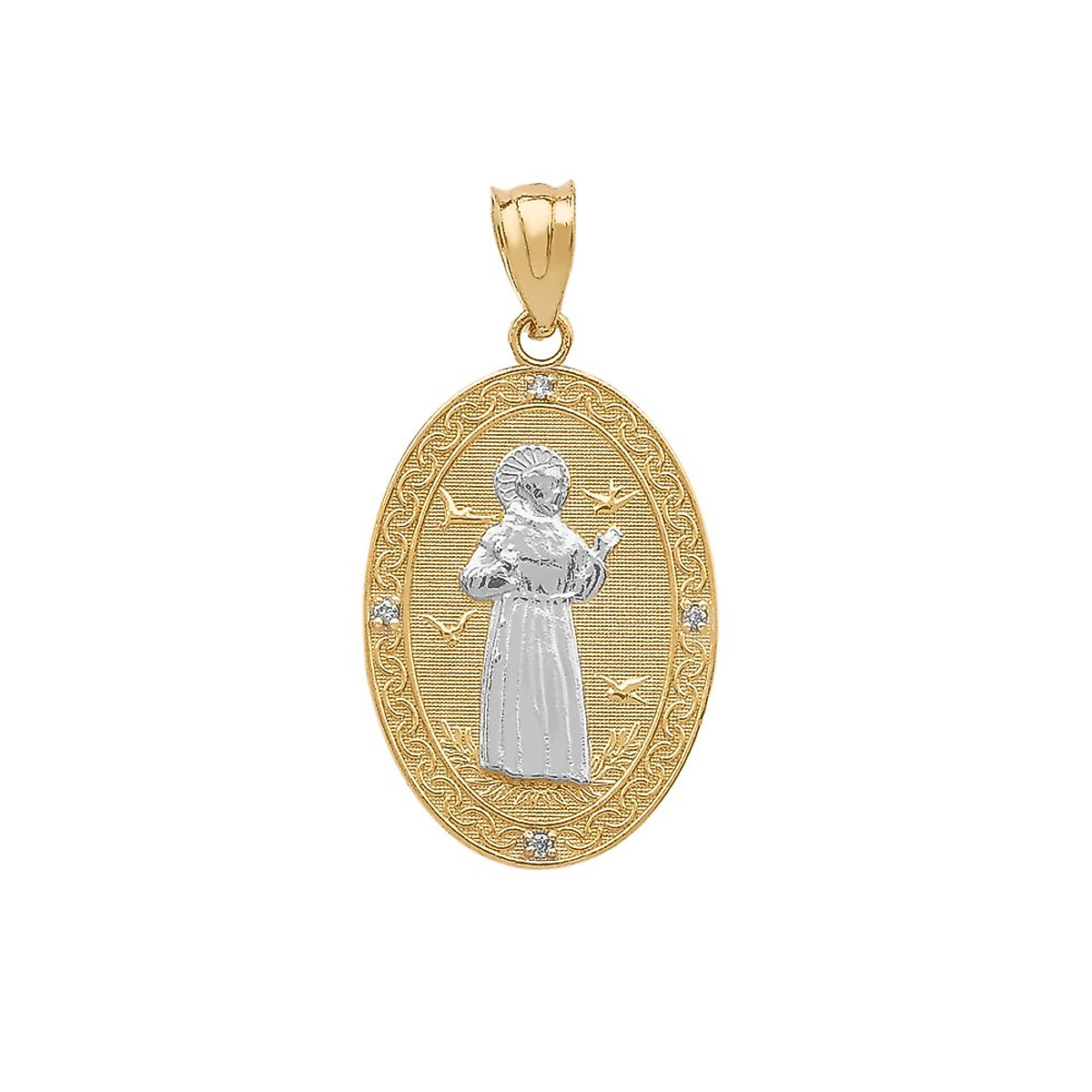10k Two-Tone Gold Saint Francis Of Assisi Diamond Oval Medal Charm Pendant (Small)