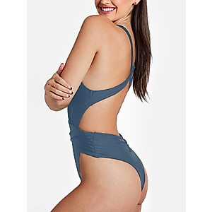 CUPSHE One Piece Swimsuit for Women Bathing Suit Cut Out Cross Back Tie Deep V Neck Ruched High Cut,L Sapphire Blue