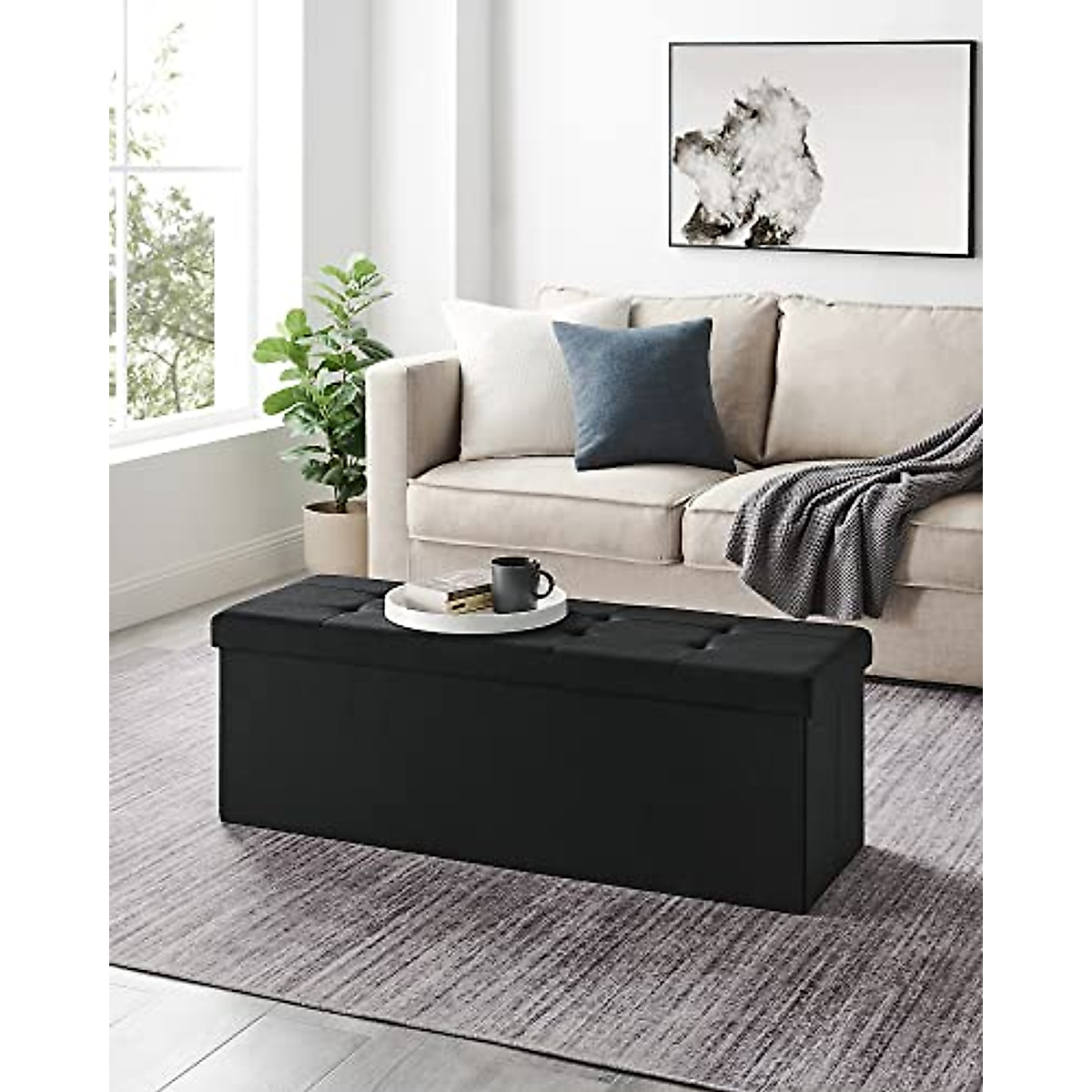 SONGMICS 43 Inches Folding Storage Ottoman Bench, Storage Chest, Foot Rest Stool, Bedroom Bench with Storage, Black ULSF077B01