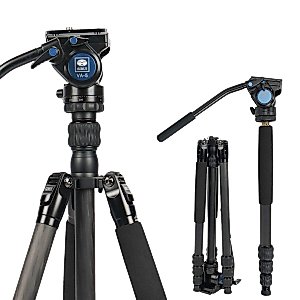 SIRUI Carbon Fiber Camera Tripod Monopod with VA-5 Fluid Pan Head, 62.6″Heavy Duty Tripod Kit for DSRL, Binocular, Spotting Scope, Quick Release Plate, 1/4" 3/8" Screws, Payload 6.6lbs -Traveler VC