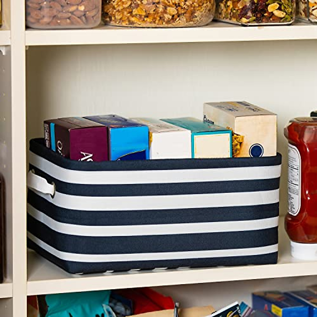 Hudson 43 Canvas Storage Basket Organizer | Fabric Rectangular Basket with Handles for Toys, Linen Closet, Clothes | Ideal Cube Storage Bin for Shelves, Black and White Striped