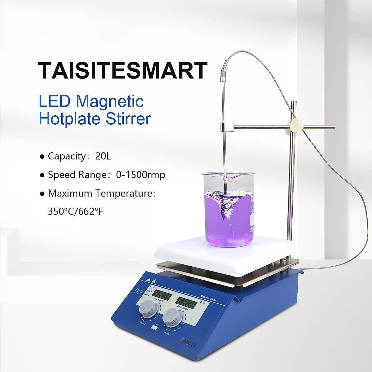 Digital Magnetic Hotplate Stirrer LED Display with Temperature Probe and Stir Bar Mixer 20L Stirring Capacity 350°C/662°F Hot Plate with Magnetic Stirrer 1500RPM