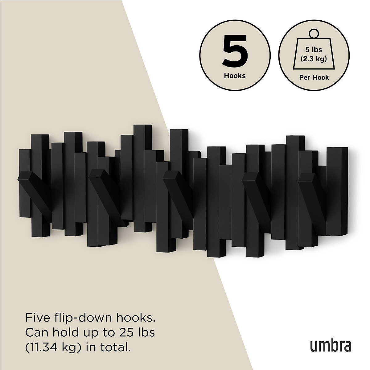 Umbra 318211-040 Sticks Multi Rack – Modern, Unique, Space-Saving Hanger with 5 Flip-Down Hooks for Hanging Coats, Scarfs, Purses and More, Black