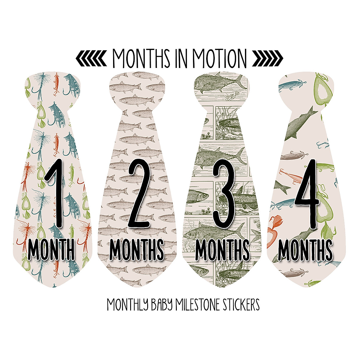 Months In Motion Monthly Baby Tie Stickers - Boy Month Milestone Necktie Sticker - Onesie Month Sticker - Infant Photo Prop for First Year - Shower Gift - Newborn Keepsakes - Fish Fishing