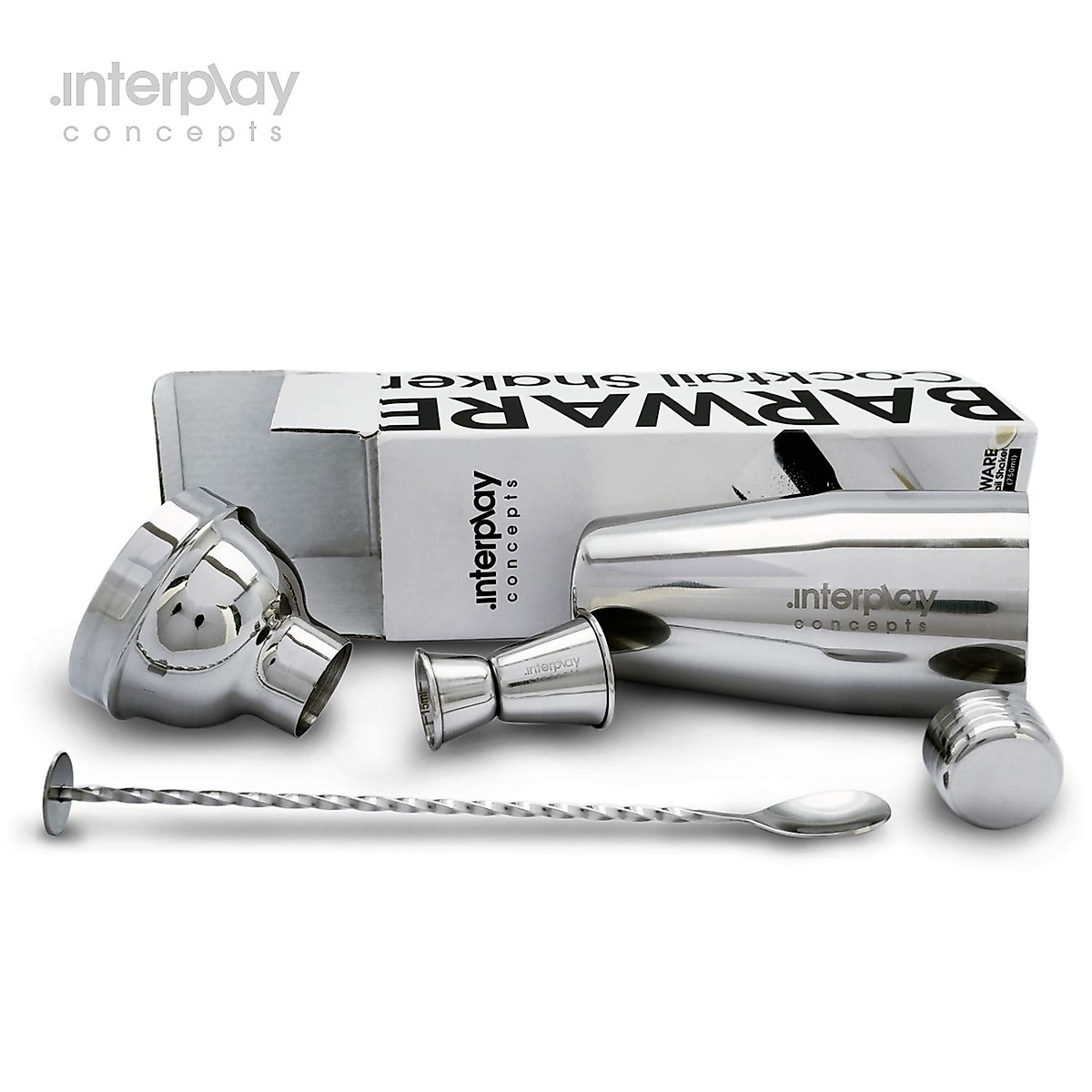 Interplay Concepts 25oz Cocktail Shaker - Large Drink Shaker for Perfect Drinks - Stainless Steel Martini Shaker with Built in Strainer, Jigger & Spoon - Professional Cocktail Shaker Set for Mixing