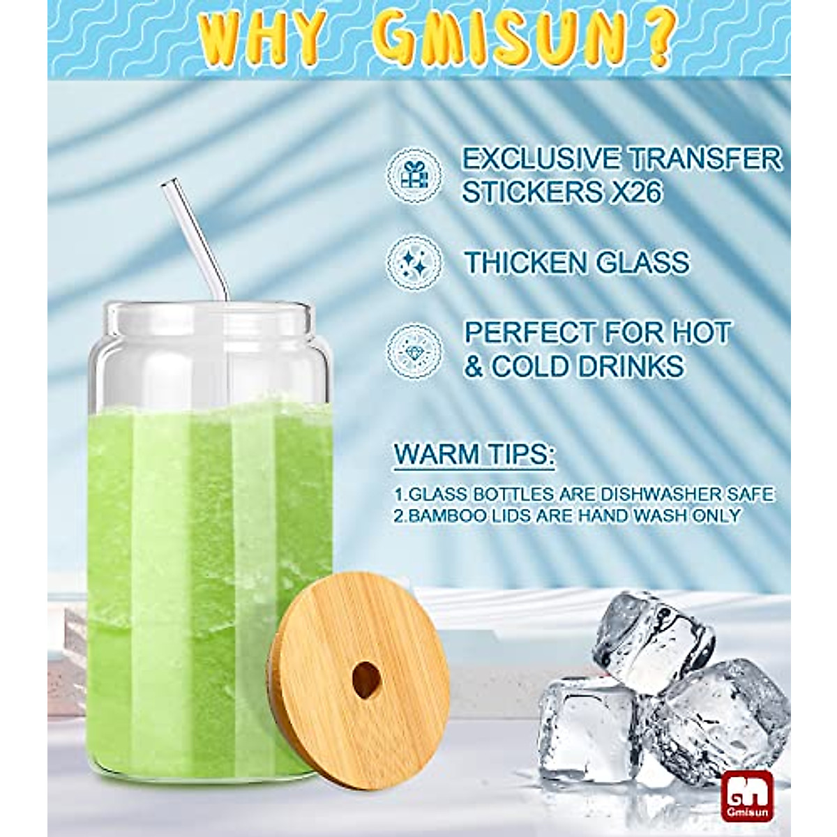 GMISUN Glass Cups with Lids and Straws, 16oz Iced Coffee Cup, Beer Can Glass with Lids and Straw, Drinking Glasses with Bamboo Lids Coffee Bar Accessories for Beer/Juice, Exclusive Transfer Labels