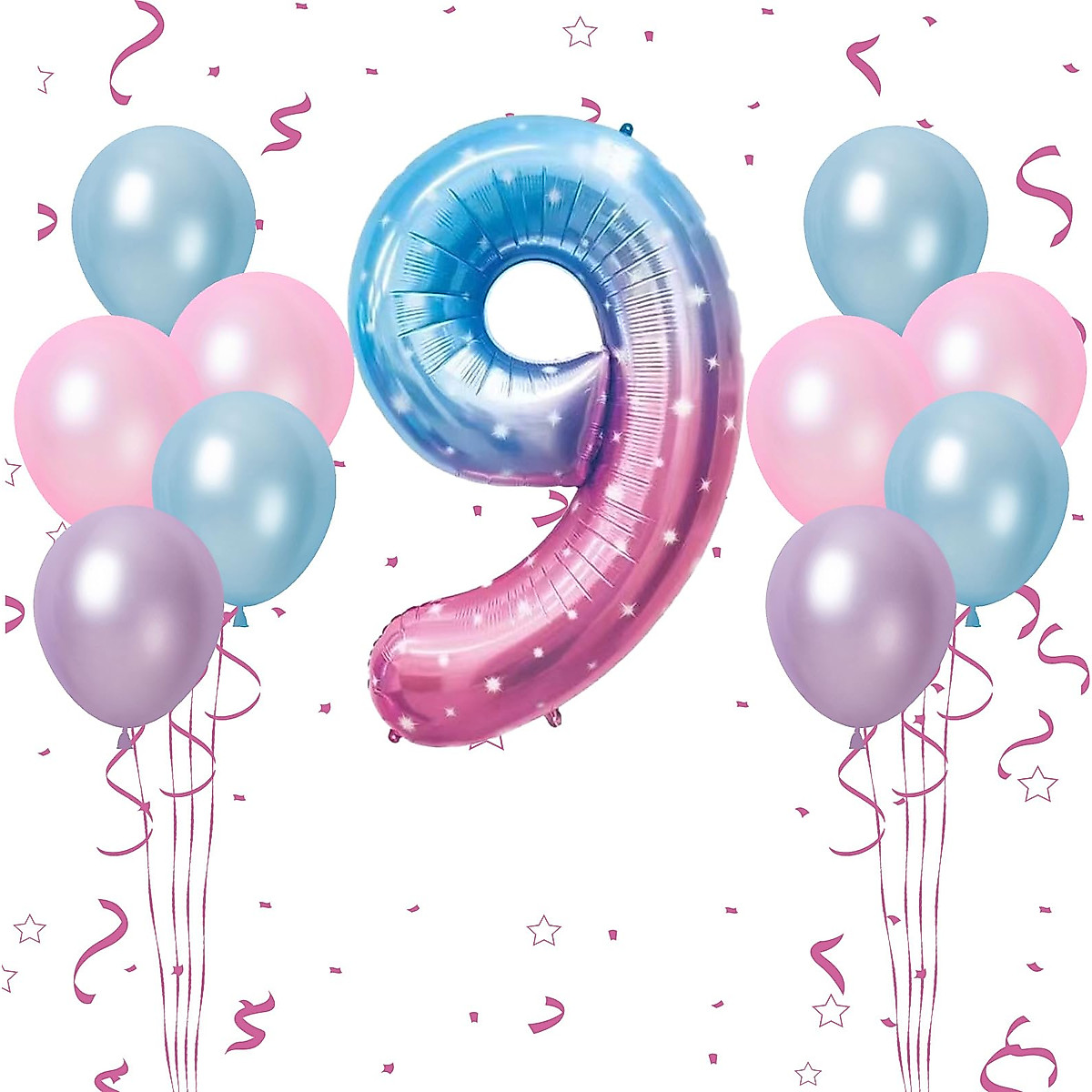 40 Inch Gradient Blue Pink Number 9 Balloon, 9th Birthday Balloons, 11Pcs Pearl Light Purple Pink Blue Latex Balloons 9 Foil Balloon for Kids Girl 9th Birthday Mermaid Party Decorations Anniversary