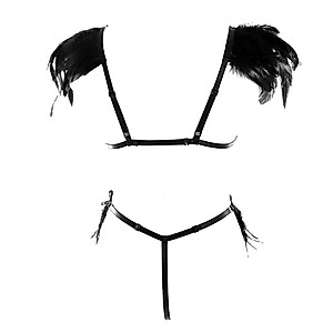 PETMHS Women Harness Feather Epaulette Bralette Strappy Full Body Frame Set Festival Rave Halloween Burning Man Wing (Black)