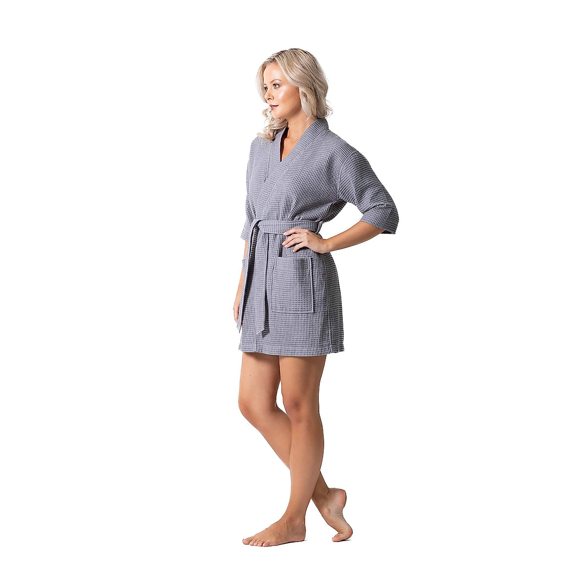 Lightweight Waffle Weave Bath, Spa & Bridesmaids Kimono Short Robes (Gray, L)