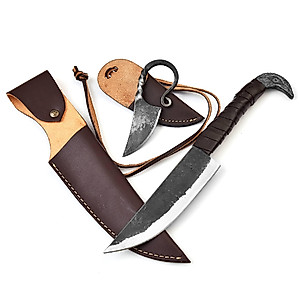 LEONA CRAFT® Handmade Fixed Hunting Knife | Odin's Raven Head Norse Viking Knife with Leather Sheath, Hand Forged Real Carbon Steel Blade for Camping Celtic Pocket Knife