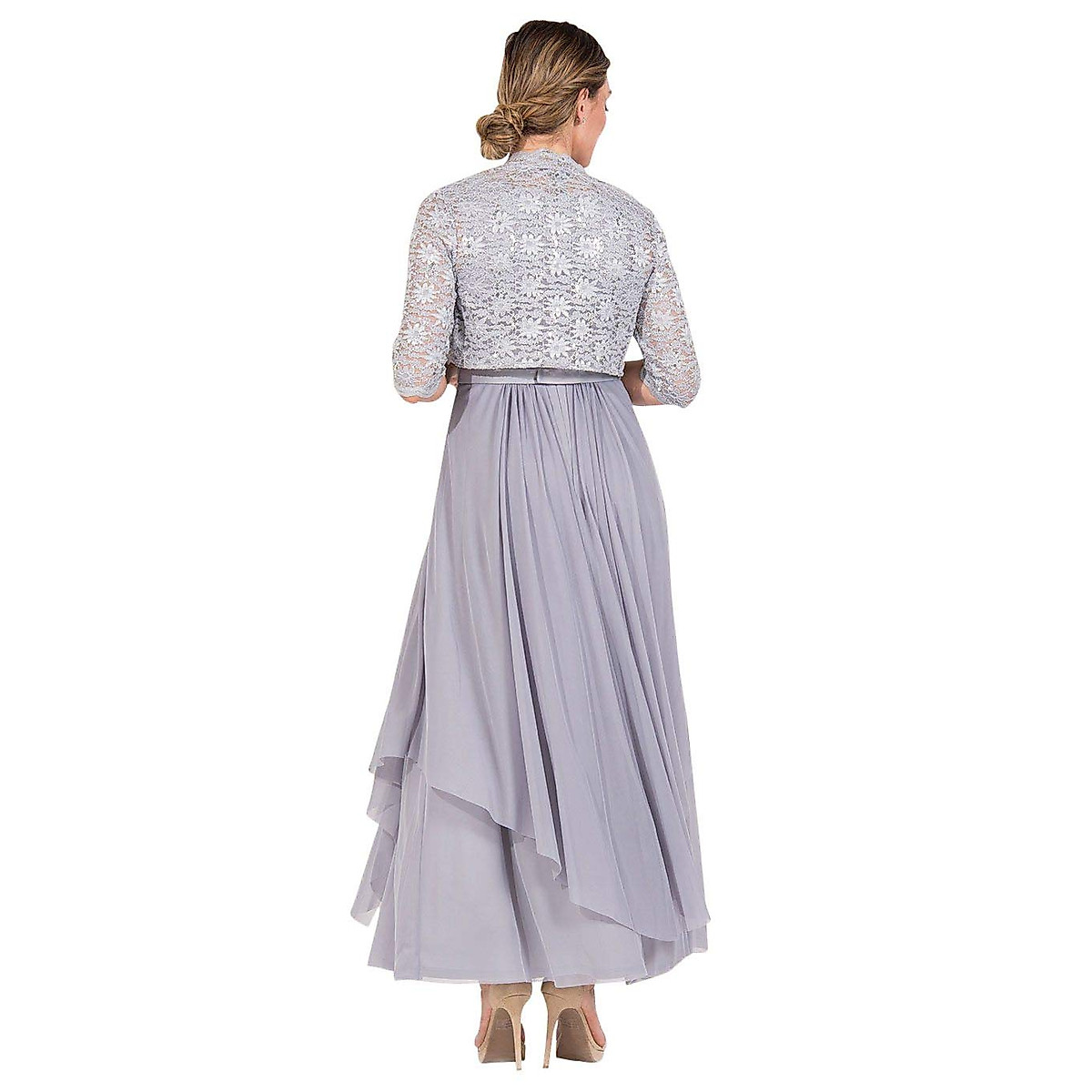 R&M Richards Long Mother of The Bride Formal Dress| Sleeveless with Matching 3/4 Sleeve Lace Jacket | Perfect for Formal, Evening Party Or Any Other Special Occasion Silver 12