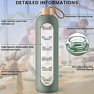 PROBTTL 32 Oz Borosilicate Glass Water Bottle with Time Marker Reminder Quotes, Leak Proof Reusable BPA Free Motivational Water Bottles with Silicone Sleeve and Bamboo Lid