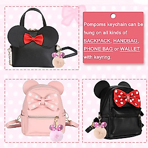 Sunwel Fashion Cute Pom Pom Keychain- Mouse Ears & Polka-dot Bow Fluffy Fur Ball Keyring Charm Handbag Pendant (BEIGE/PINK)