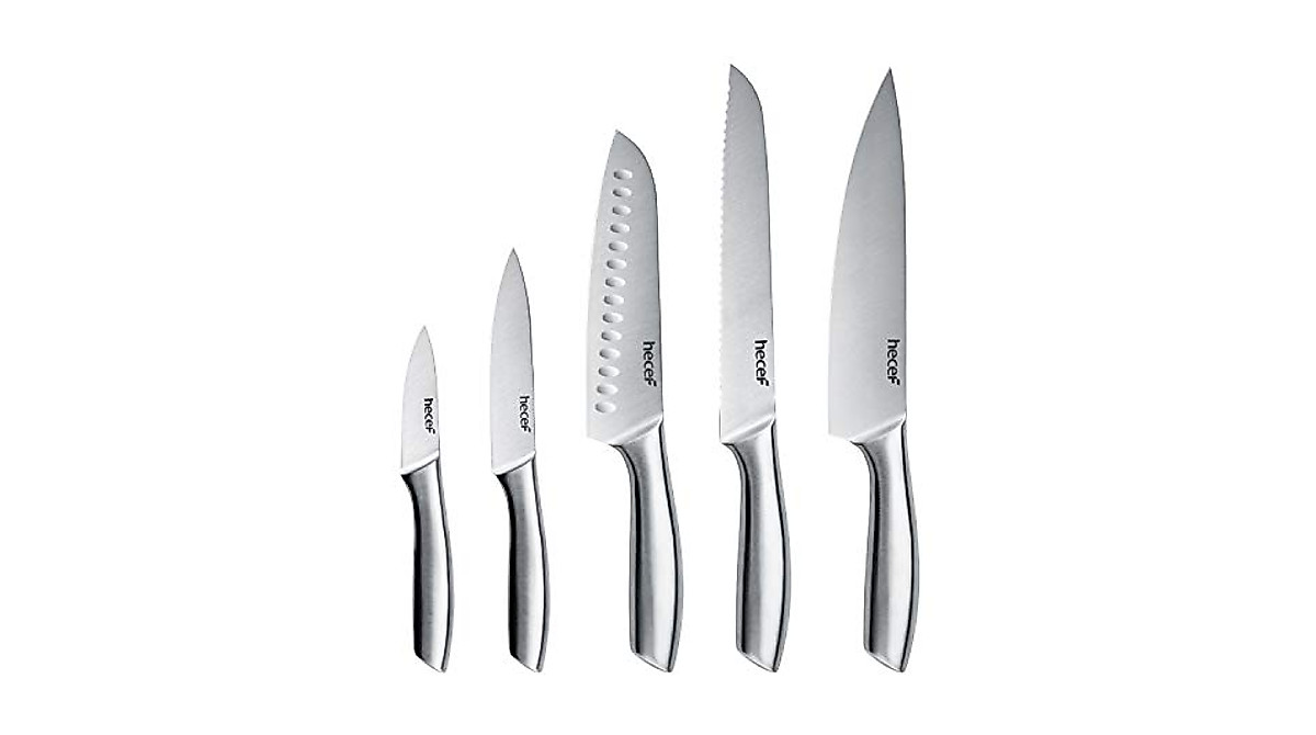 hecef Silver Kitchen knife set of 5, Satin Finish Blade with Hollow ...