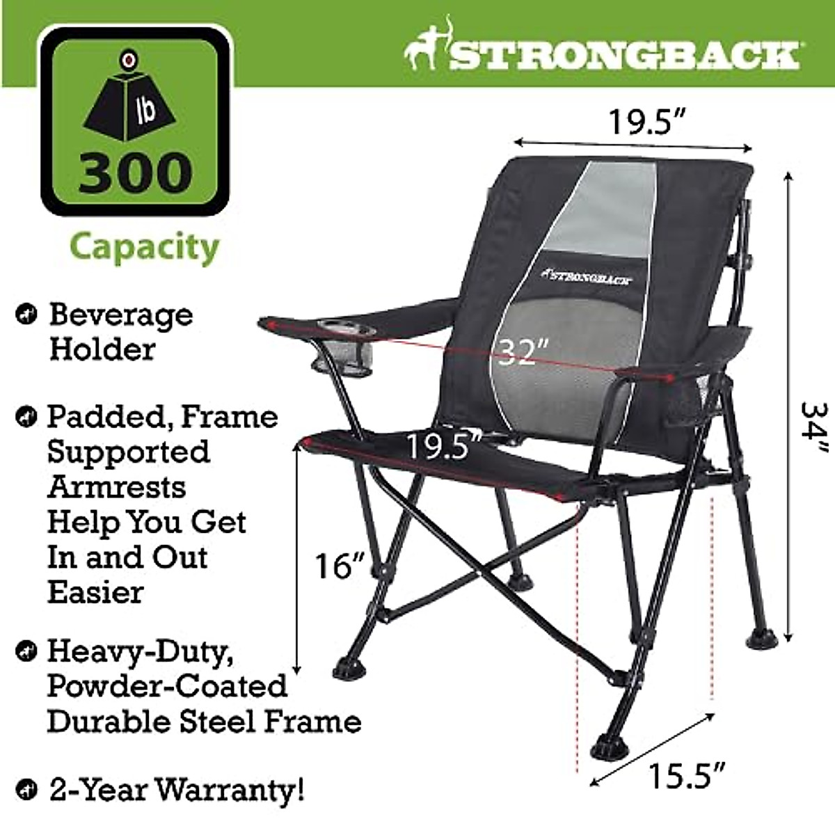 STRONGBACK Camping Chair Guru 3.0 Heavy Duty Camping Chairs with Lumbar Support, Backpack Folding Camp Chair, Black