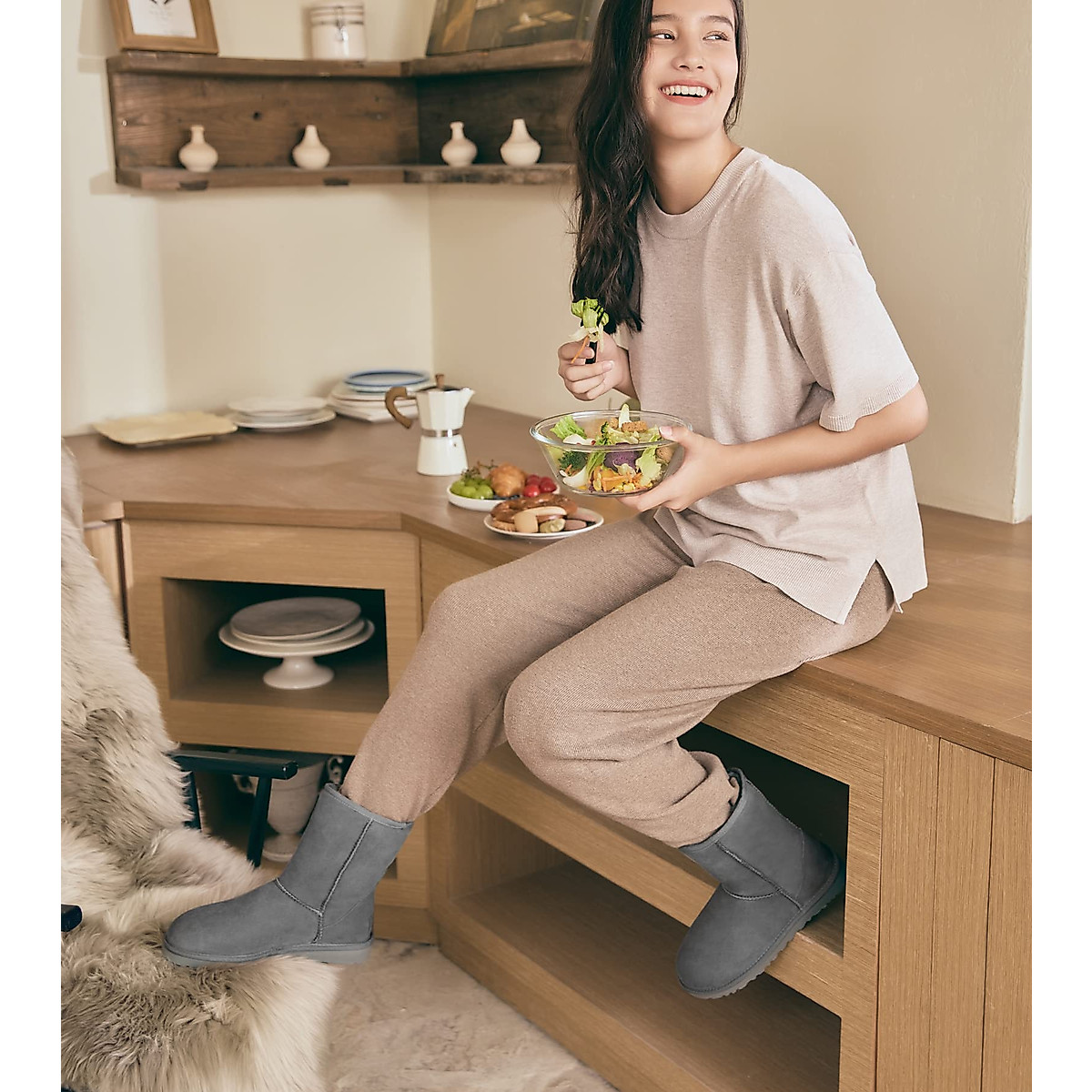 WaySoft Genuine Australia Mid Calf Sheepskin Fur Winter Boots for Women, Water Resistance Shearling Furry Boots Women