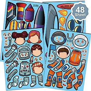 Konsait 48Sheets Outer Space Make Your own Stickers, Make A Face Stickers Solar System Universe Outer Space Theme Party Favor Stickers for Boys Girls Birthday Goodie Bag Filler School Rewards