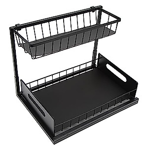 Syrisora Storage Rack L Shape Under Sink Organizers 2 Tier Load Capacity 50lbs Multi Use Slide Out Cabinet Organizer for Kitchen Bathroom Black