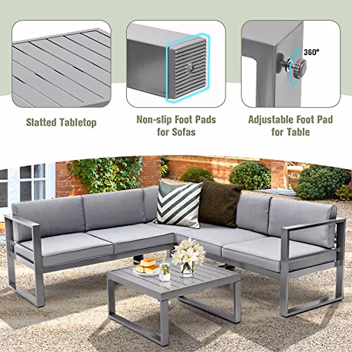 Tangkula 4 Pieces Aluminum Patio Furniture Set, Patiojoy All Weather Heavy Duty Cushioned Outdoor L Shaped Sofa Set for Poolside, Backyard, Deck, and Garden (Grey)