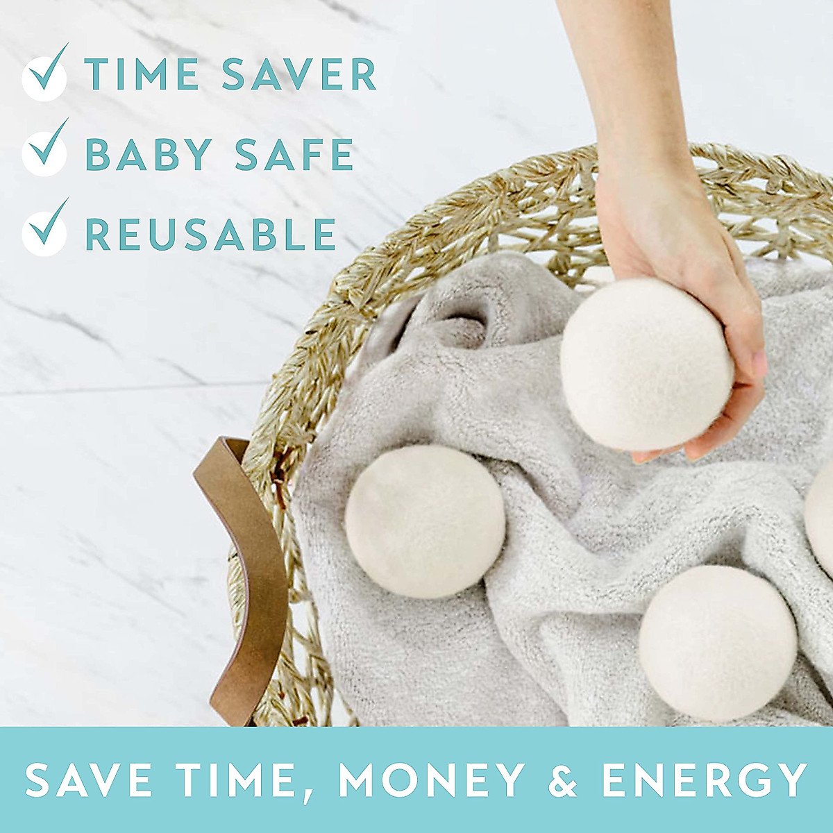 Wool Dryer Balls 6-Pack, XL Size, 100% New Zealand Wool, Reusable and Handmade. Natural Fabric Softener, Reduce Wrinkles and Decrease Drying Time (White)