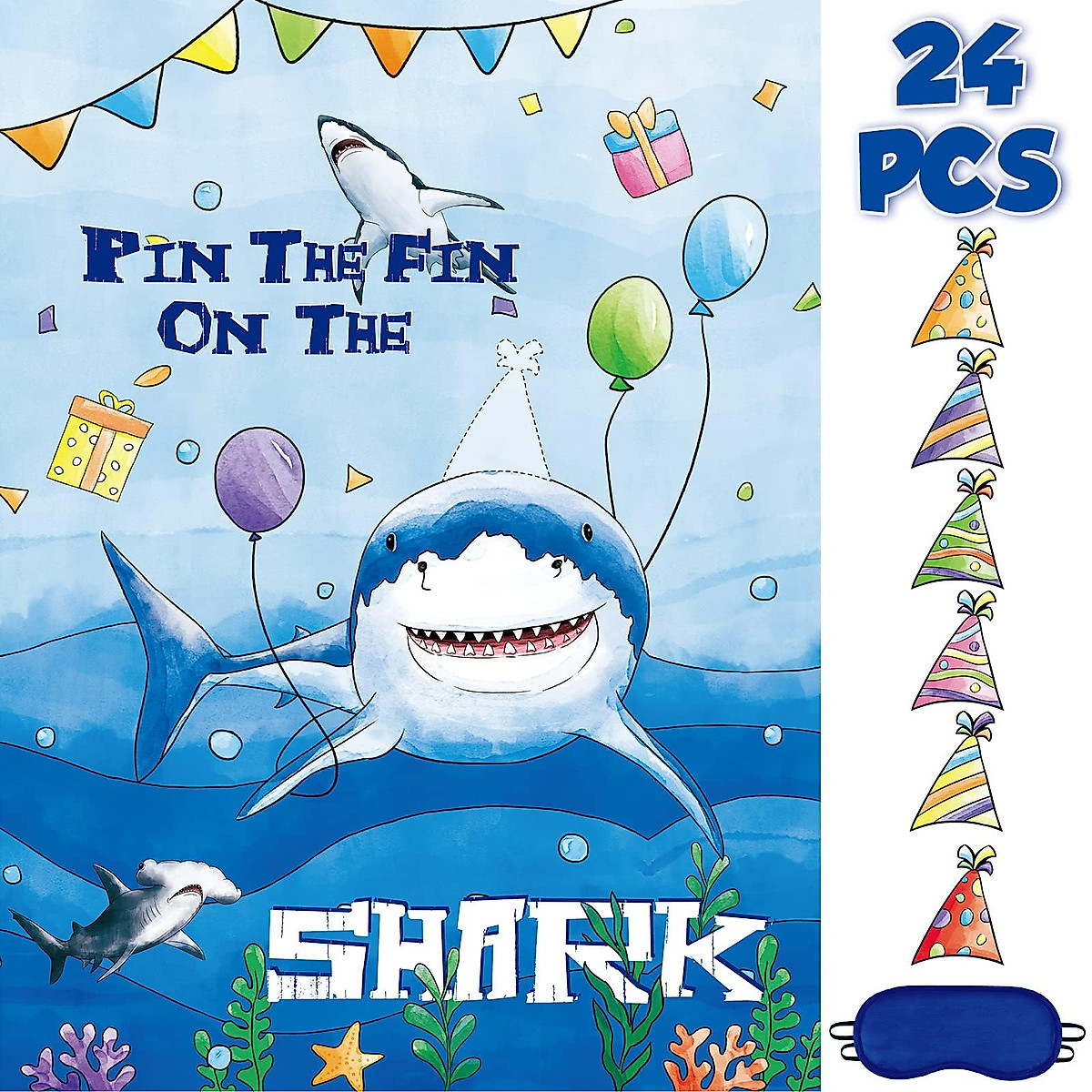 WERNNSAI Pin The Fin on The Shark Party Games - Ocean Party Supplies for Kids Boys Girls 21’’ x 28’’ Shark Game Poster with 24 Pcs Reusable Stickers for Birthday Family Classroom Activities