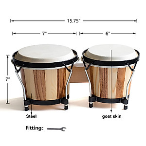 MUSICUBE Bongo Drums for Kids Adults Professional 6” and 7” Tunable Hand-Crafted Bongo Drum Percussion Instrument with Tuning Wrench and Storage Bag (Natural Skin)