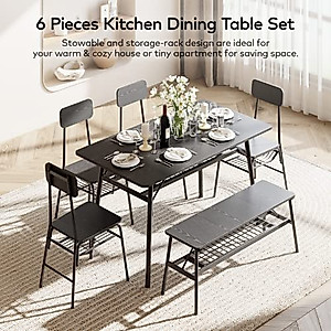 Gizoon 46'' Rectangular Dining Table Set for 6, 6-Piece Modern Dining Set for Home, Apt, 4 Chairs, Bench, Kitchen Dining Room Set w/Storage Rack for Family, Small Space, Saving Space-Black