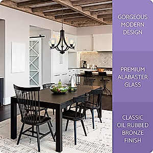 Kira Home Weston 24" Contemporary 5-Light Large Chandelier + Alabaster Glass Shades, Adjustable Chain, Oil Rubbed Bronze Finish