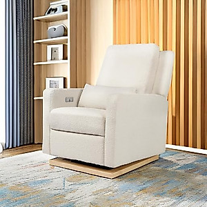 Babyletto Sigi Electronic Power Recliner and Glider with USB Port in Ivory Boucle with Light Wood Base, Greenguard Gold and CertiPUR-US Certified