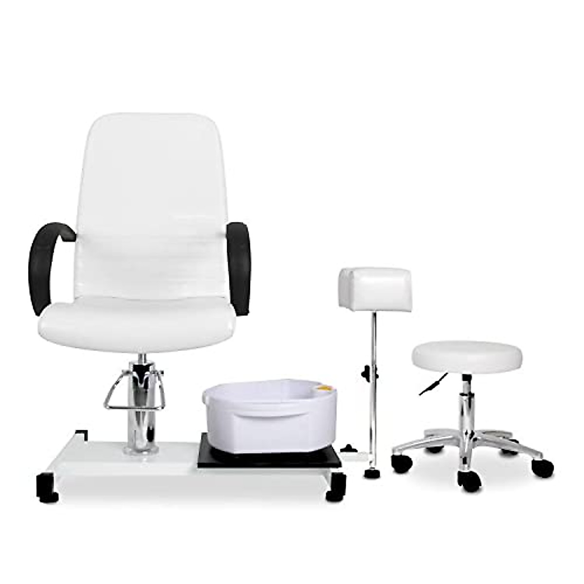 Paddie White Pedicure Chair with Rolling Low Stool/Foot Basin/Leg Rest Hydraulic Adjustable for Salon Spa Nail Tech