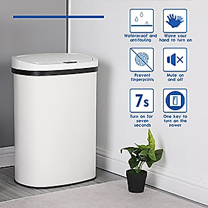 Hkeli 13 Gallon50 Liter Garbage Can Automatic Trash Kitchen Touch Free High Capacity with Lid Brushed Stainless Steel Waste Bin for Bathroom Bedroom Home Office (White), 17.3 x 13 x 23.6 inches