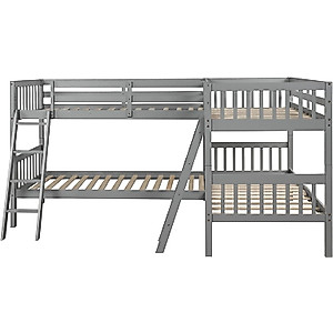 MERITLINE L-Shaped Quad Bunk Bed, Four Bunk Bed Twin Over Twin with Angle Ladder,Wooden Corner 4 Bed Bunk Bed for Kids, Teens, Adults, No Box Spring Needed (Twin, Grey)