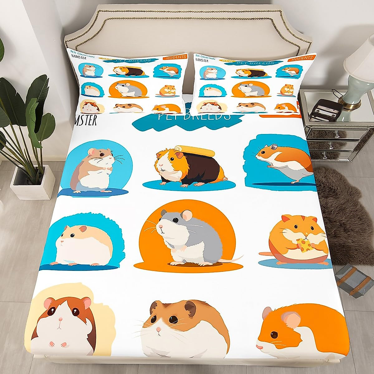 Feelyou Cute Hamster Bedding Set for Girls Boys Children Cartoon Pet Animal Bed Sheet Set Decorative Lovely Rodent Fitted Sheet Pet Mouse Pattern Bed Cover Twin Size 2Pcs
