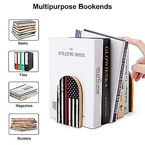 NFGSE Book Ends, 2 Pcs 5 X 3 Inch Modern Home Decorative Bookends for Shelves, Fashion Design Wood Book Stopper for Heavy Books Office School Home Kitchen America Firefighter Flag Thin Red Line