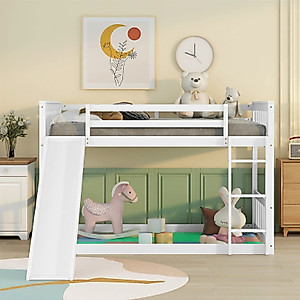 Bellemave Full Over Full Low Bunk Bed with Slide Wood Floor Bunk Beds with Ladder for Kids Boys Girls Teens, White