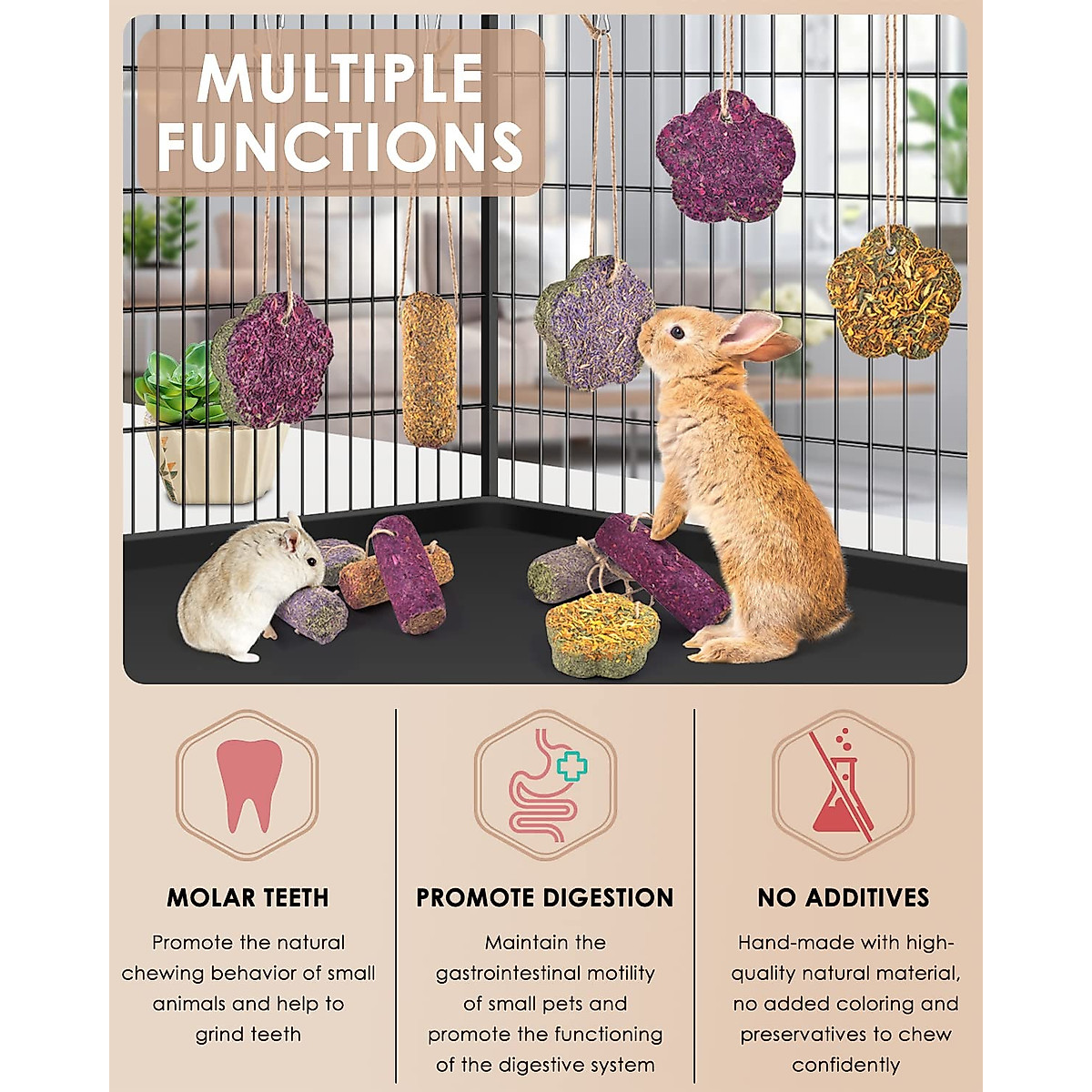 Bissap 12PCS Rabbit Chew Sticks, Hanging Chew Sticks & Cakes Timothy Hay Carrot Strawberry Treat for Bunny Chinchilla Guinea Pig Hamster and Other Small Pets Molar Snack Toy