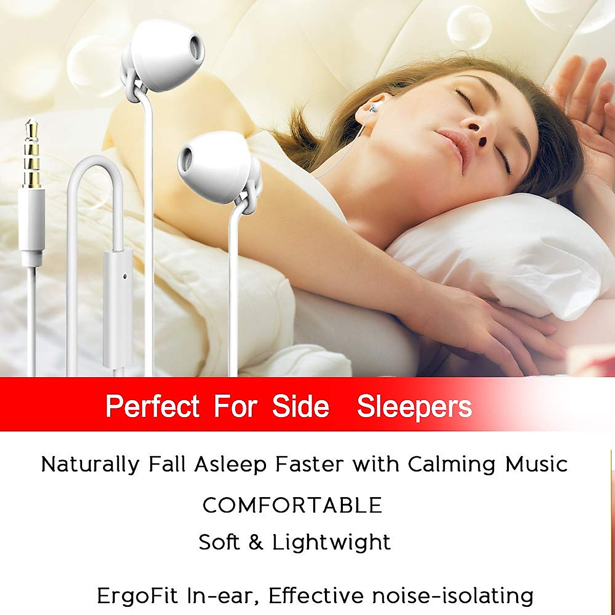 Ururtm Sleeping Headphones Earphones, Soft Comfortable Silicone Noise Isolating Earbuds with Mic Earplugs for Nighttime, Insomnia, Travel, Sport, Meditation & Relaxation (White)