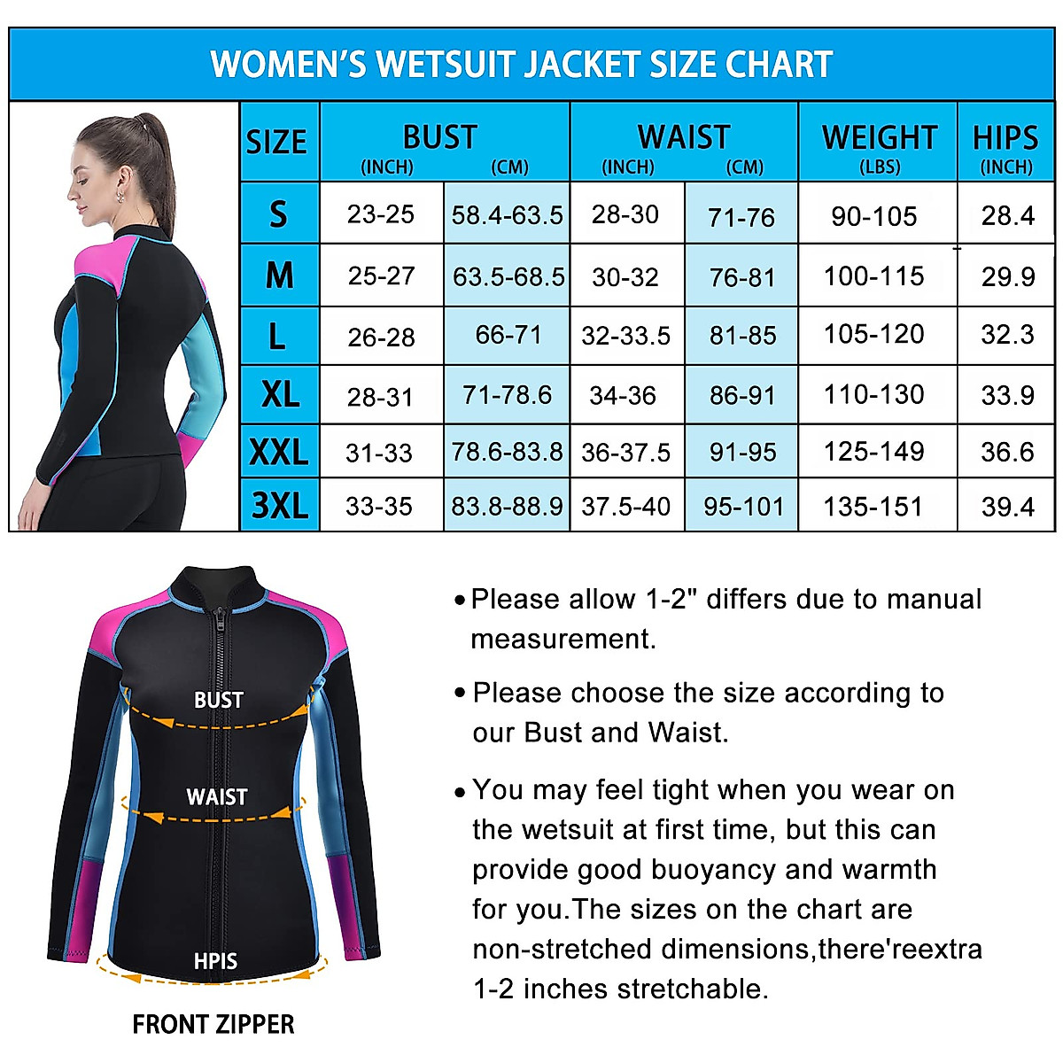 TBLUITE Women Wetsuit Top Swim Jacket Mens Youth Wet Suit Shirt 2mm Neoprene Thermal Swimsuit Front Zip Long Sleeve Cold Water Keep Warm Snorkeling Diving Surfing