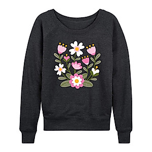 Instant Message - Scandinavian Flower Cluster - Ladies French Terry Pullover - Size Small Heather Charcoal
