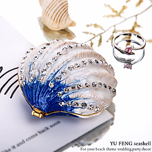 YU FENG Seashell Figurine Trinket Box Hinged Crystals Jeweled Painted Enameled Collectible Ocean Jewelry Box(Dark Blue)