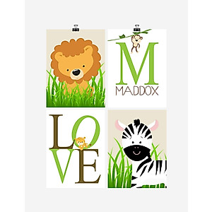 Personalized Safari Love Animals Nursery Art Decor Set of 4 - Monkey, Zebra, Leopard and Lion - Gender Neutral Jungle Baby - Multiple Sizes